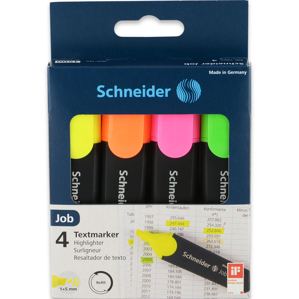 Schneider Textmarker Job - Gelb, Orange, Pink, Grün | Fittingteile.de